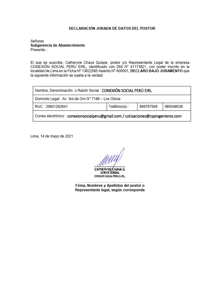 DECLARACIÓN JURADA DE DATOS DEL POSTOR (1) - Completado | PDF