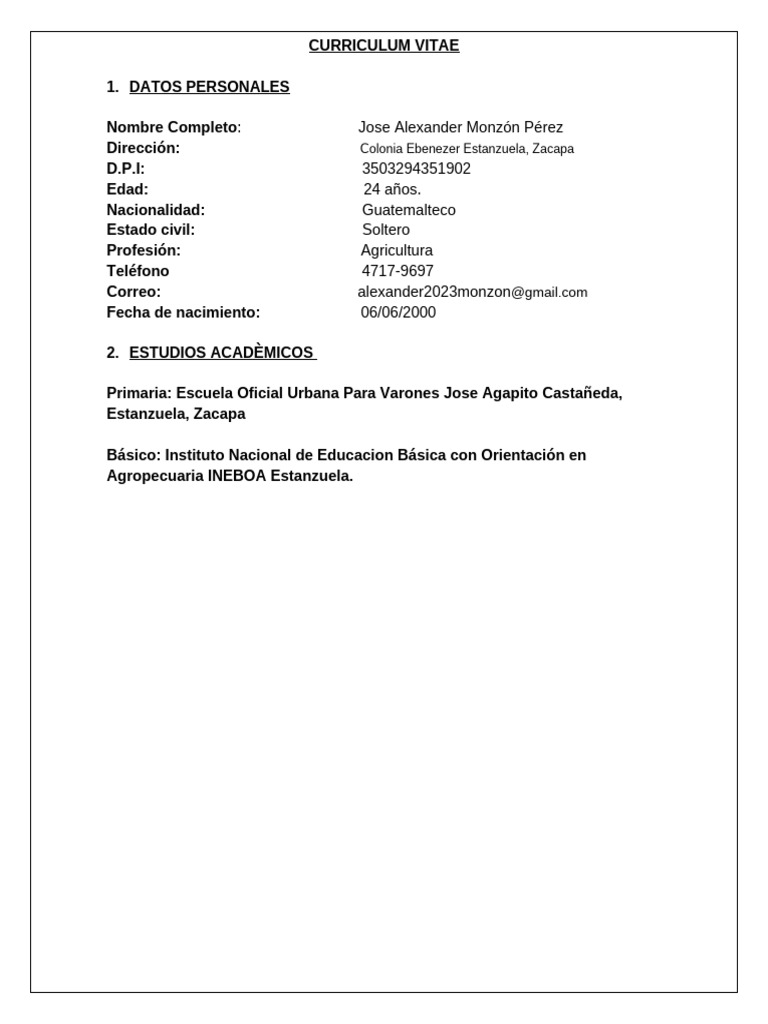 Curriculum Vitae Jose Alexander Monzón Pérez | PDF