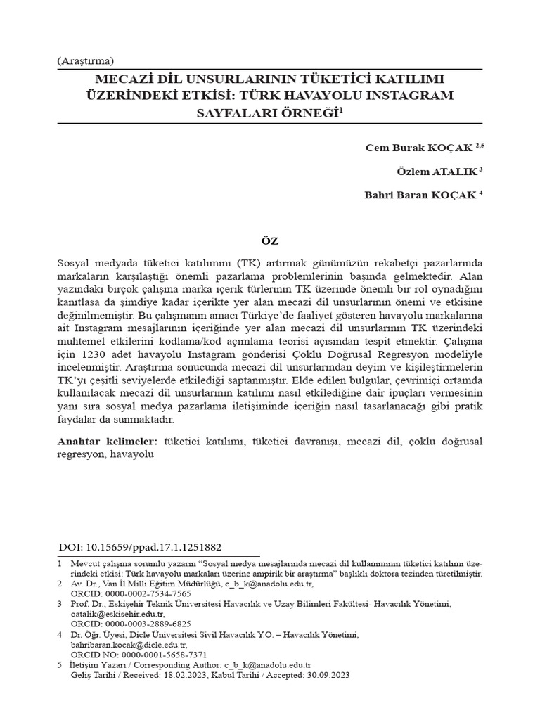 Mecaz D L Unsurlarinin T Ket C Katilimi Zer Ndek Etk S - T RK Havayolu ...