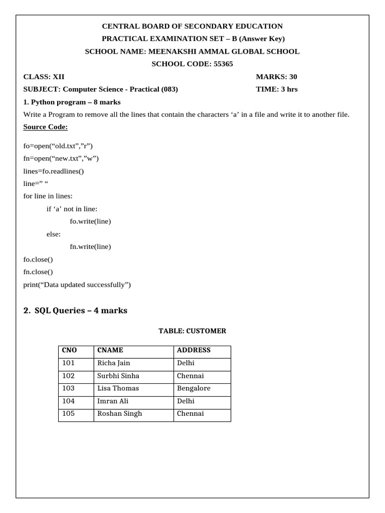 Class 12 CS Practical Set B Answer Key (23-24) | PDF | Computer ...