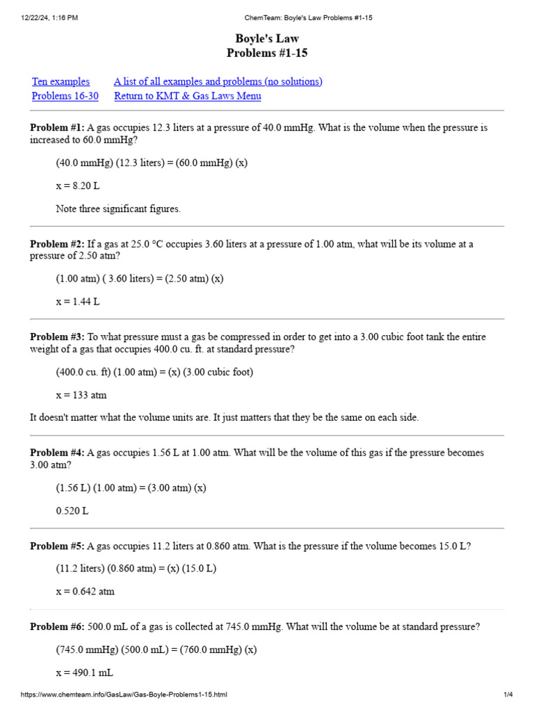 ChemTeam_ Boyle's Law Problems #1-15 | PDF | Gases | Litre