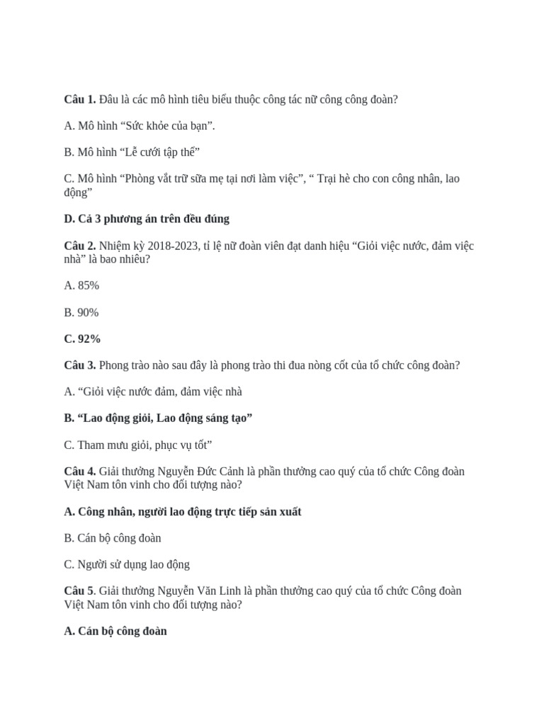 Cau Hoi Thi Cong Doan | PDF