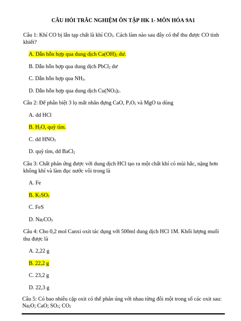 2- 9a1- câu hỏi TN hk1 (22-23) | PDF