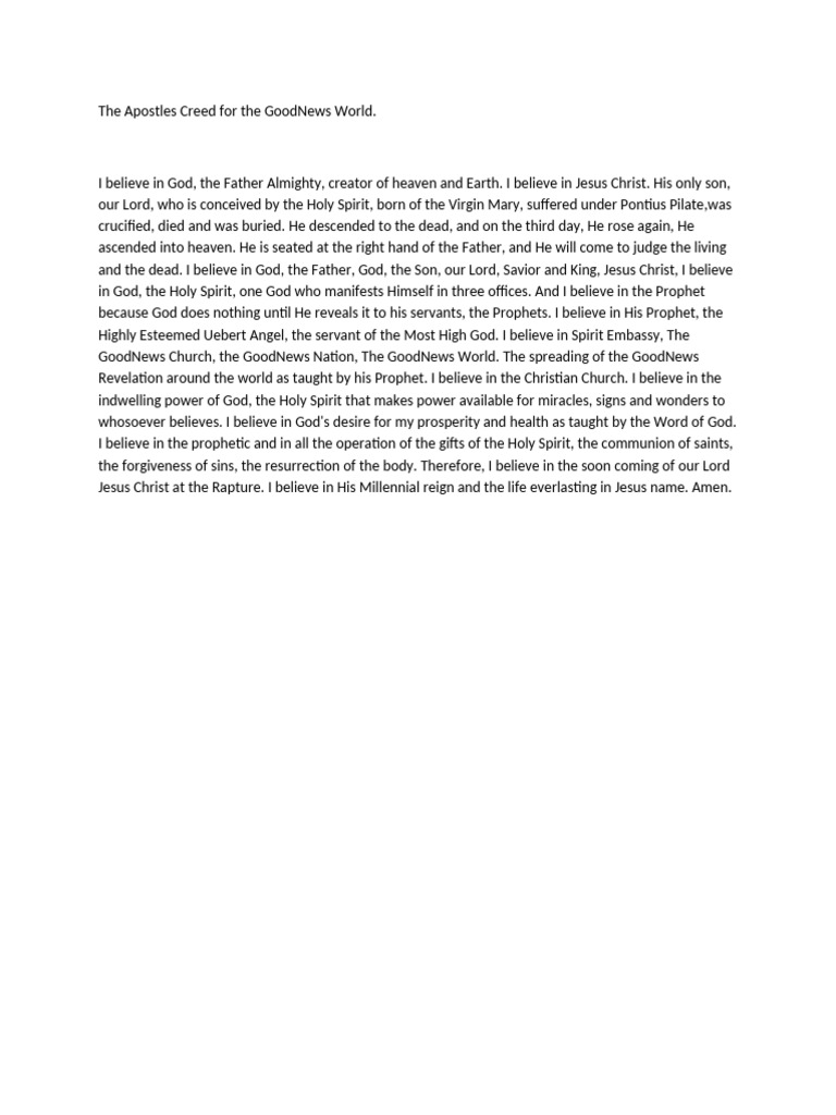 The Apostles Creed Good News World | PDF