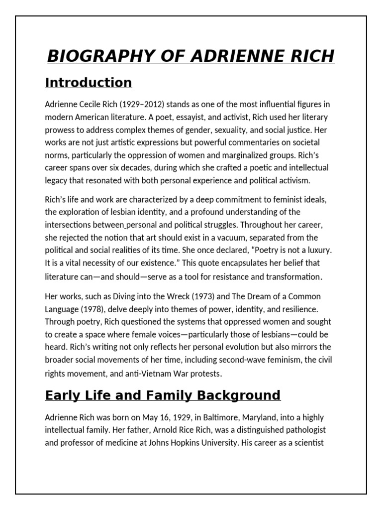 Biography of Adrienne Rich | PDF | Feminism | Gender Studies