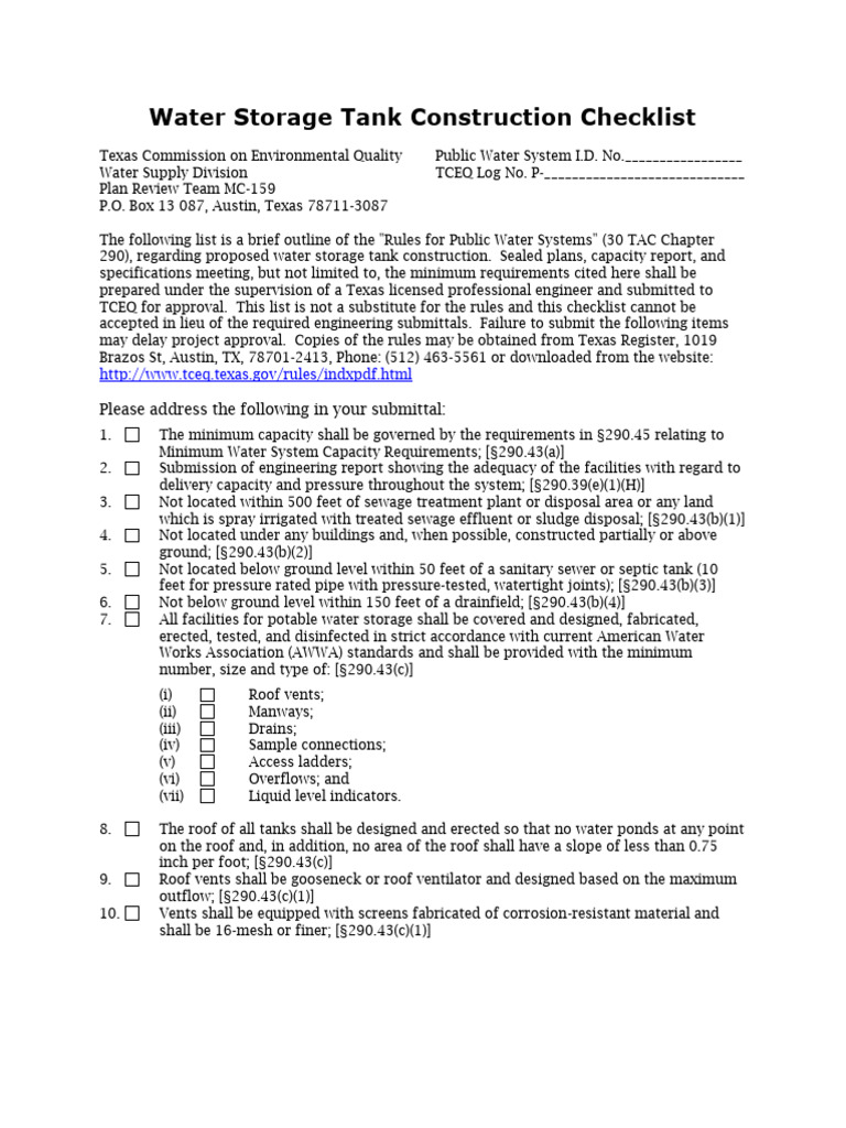 Checklist Storage Tank Construction | PDF | Pump | Sewage Treatment