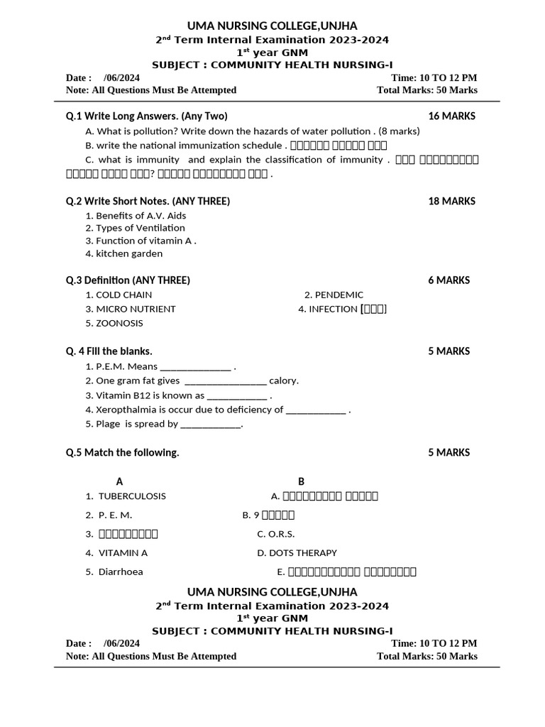 Community Health Nursing Paper GNM 2ND Term | PDF | Microbiology | Medicine