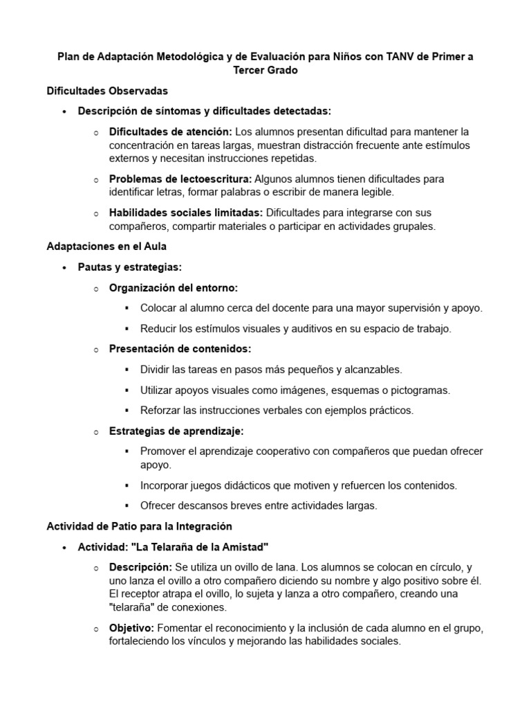 Plan de Adaptación Metodológica y de Evaluación para Niños Con TANV de ...