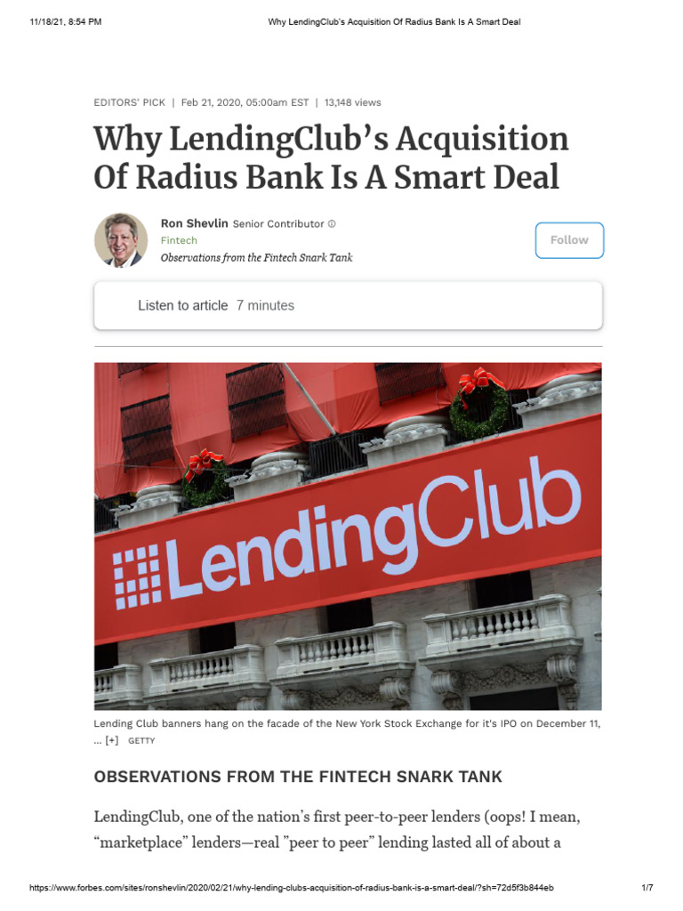 LendingClub's Strategic Radius Bank Deal | PDF | Banks | Mergers And ...