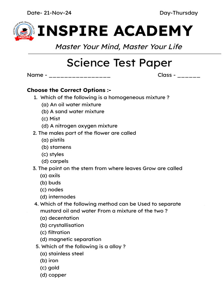 Anmol Class-6th Test-1 | PDF | Mixture | Leaf