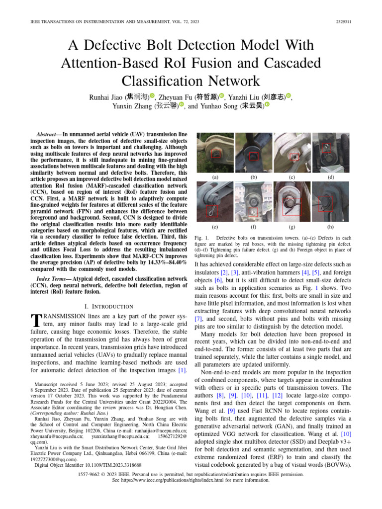 A Defective Bolt Detection Model With Attention-Based RoI Fusion and Cascaded Classification ...
