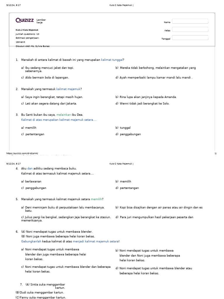Quizizz - Kuis-2 Kata Majemuk | PDF