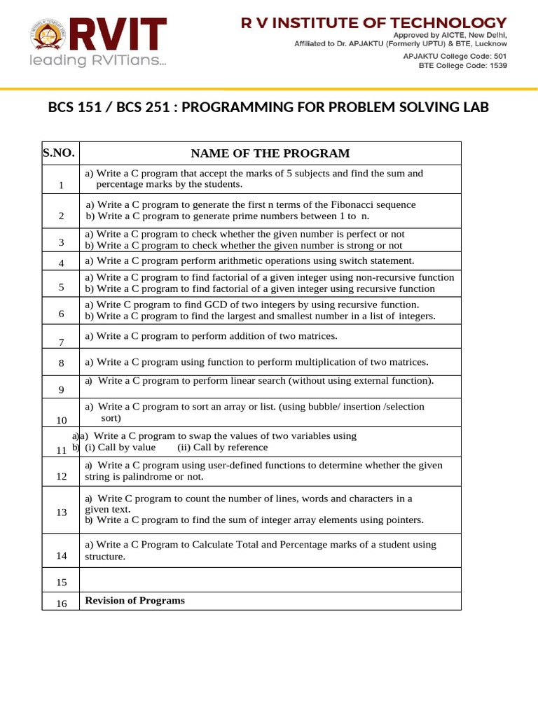 BCS 151: C Programming Algorithms | PDF