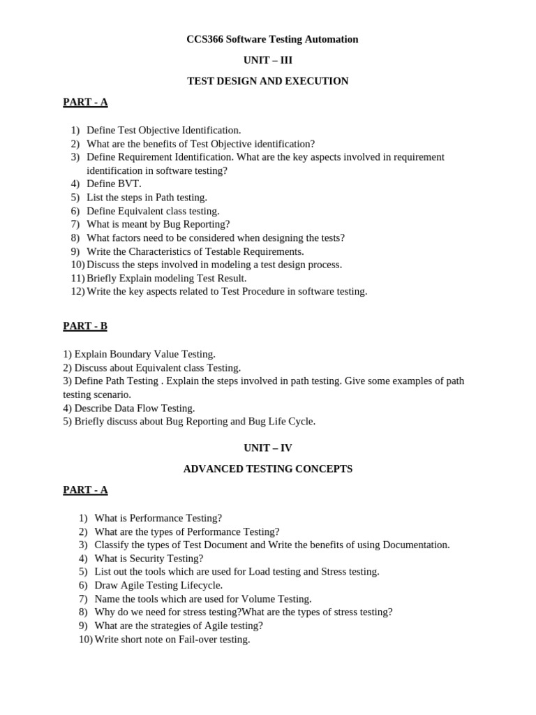 Software Testing Automation Question Bank Unit Iii And Unit Iv
