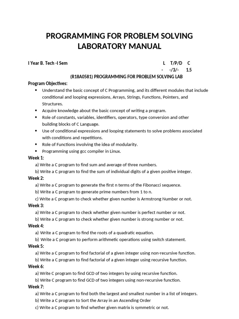 Pps Lab Manual - Copy | PDF | C (Programming Language) | Computer Program Pps Lab Manual - Copy | PDF | C (Programming Language) | Computer Program