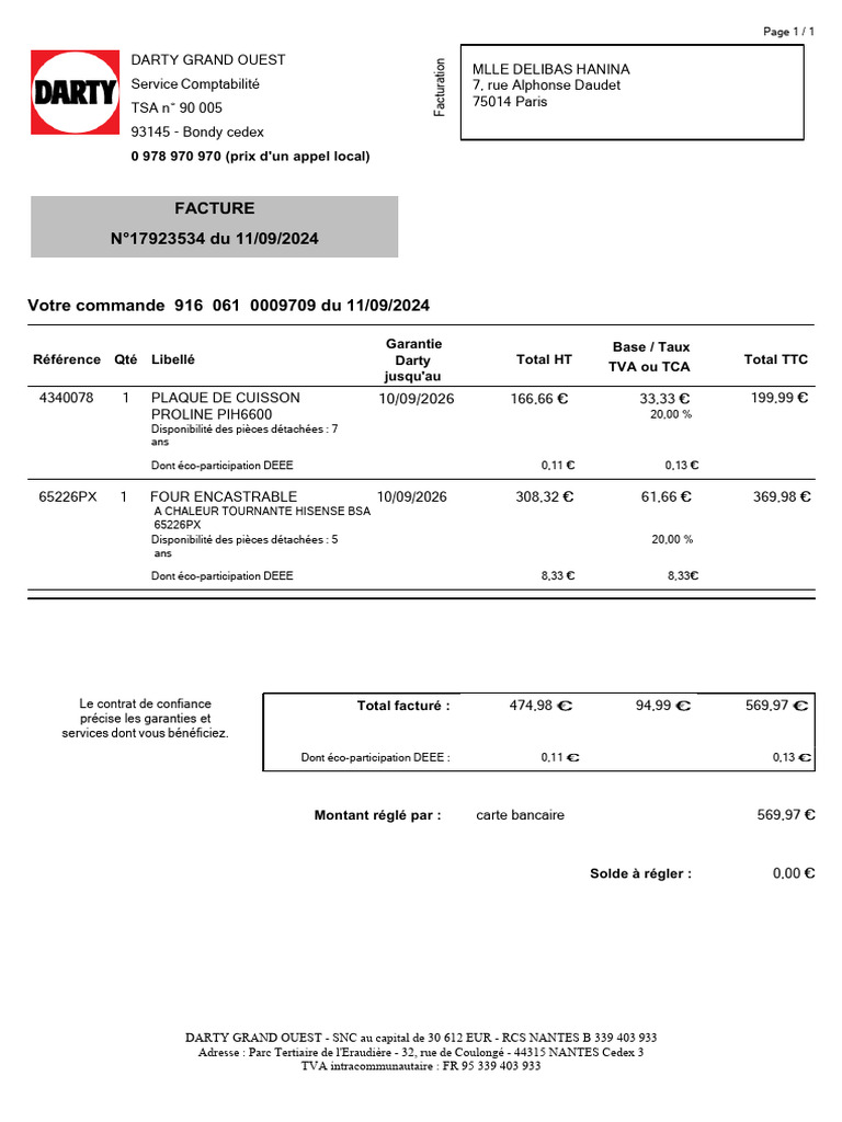 Facture Darty - Commande 916 061 0009709 | PDF | Sodles | Loi publique