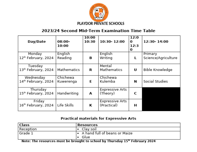 Revised Mid Term Examination Time Table For Second Term | PDF
