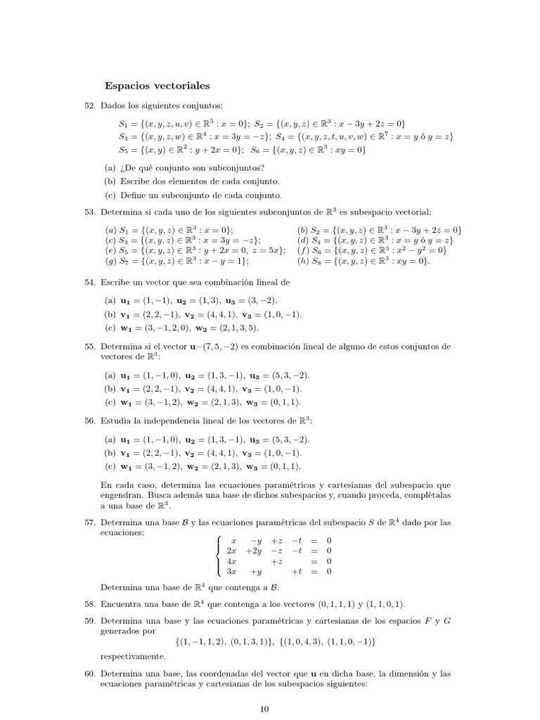 Problemas De Espacios Vectoriales Pdf Base álgebra Lineal