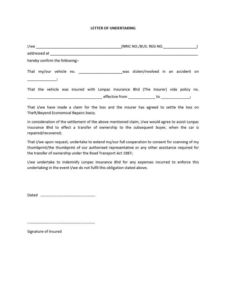 Claim Letter of Undertaking | PDF