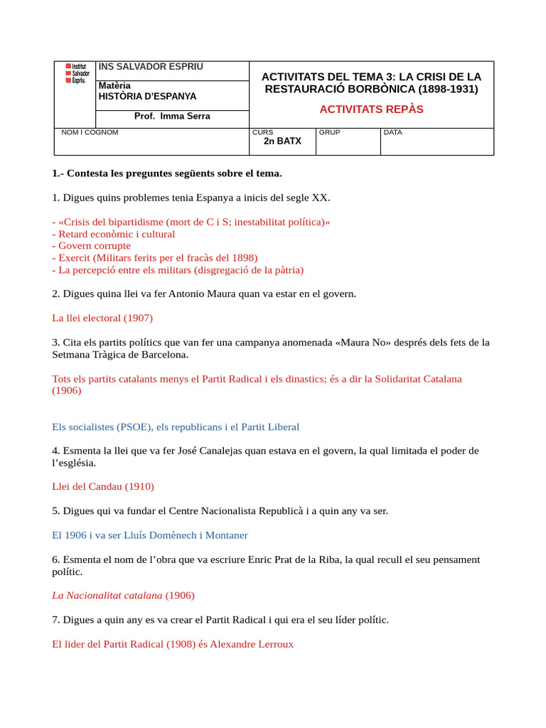 2023-2024 Activitats Repàs Tema 3 2 Bat | PDF