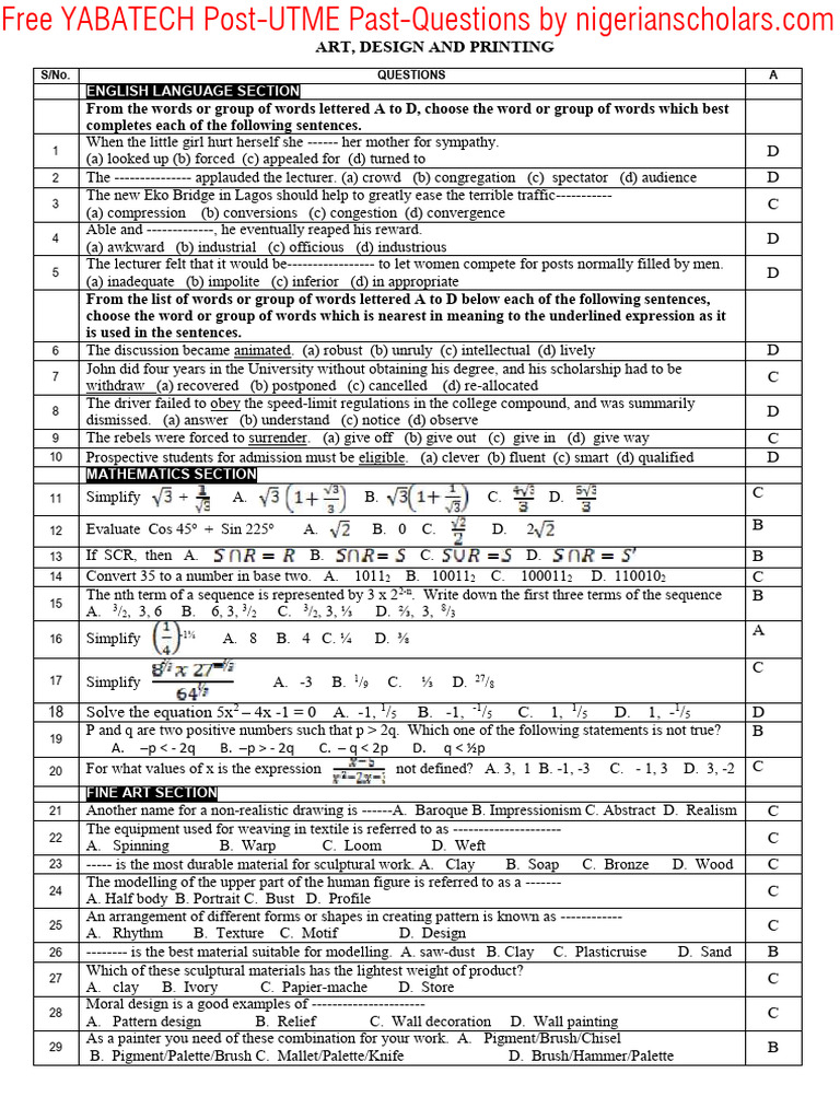 Yabatech Post Utme Past Questions | PDF | Mathematics