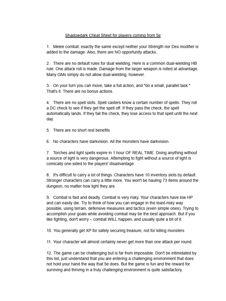 5e Shadowdark Cheat Sheet | PDF