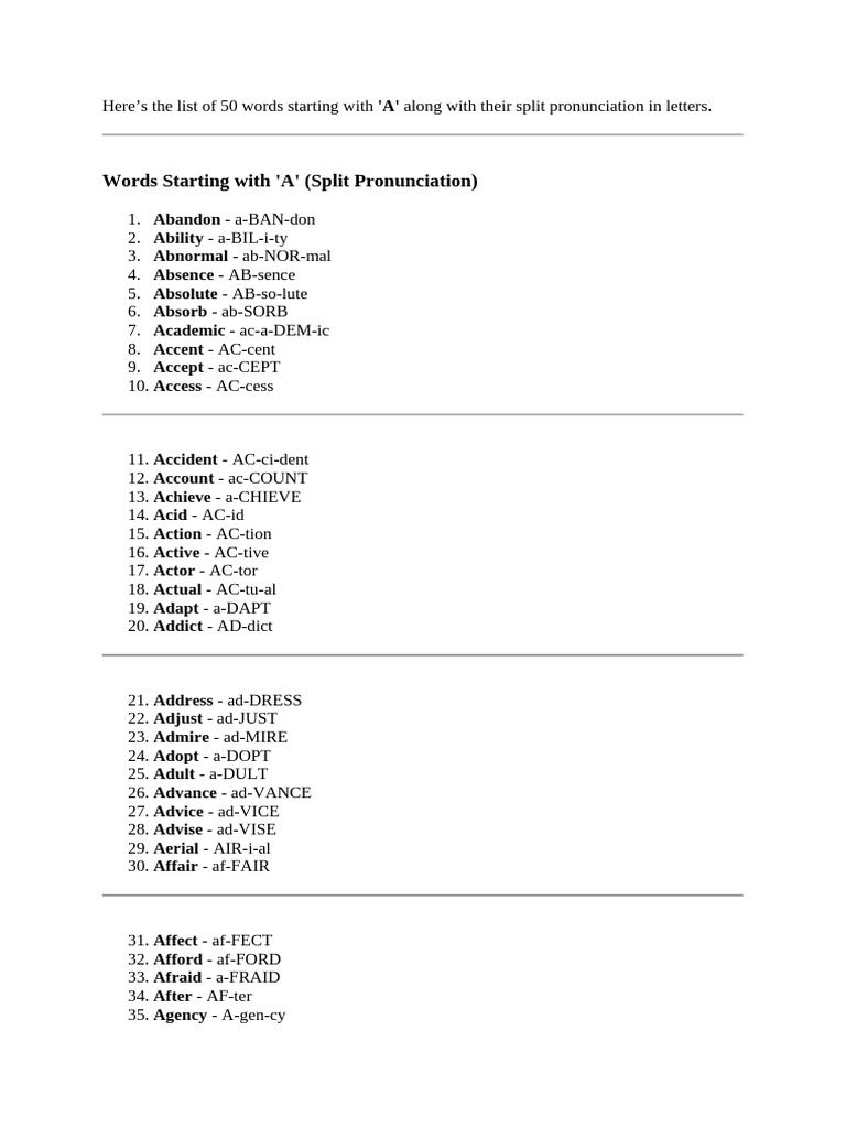 50 Words Starting with 'A' and Pronunciation | PDF