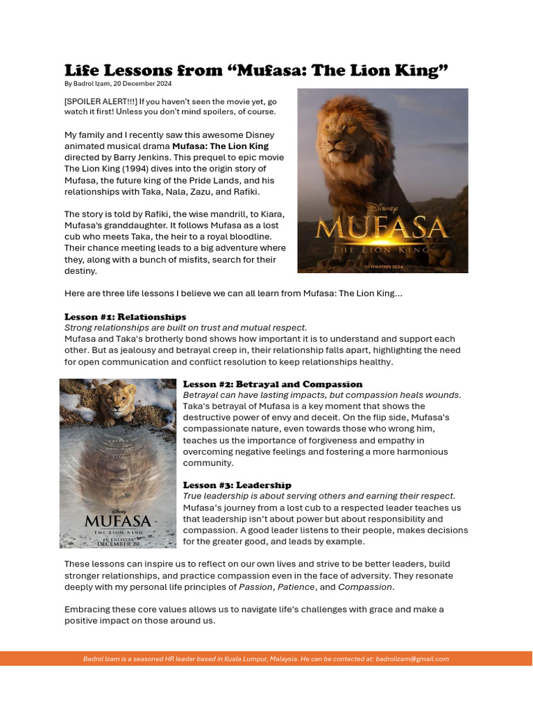 Life Lessons From MUFASA The Lion King 2024 | PDF | Compassion | Social Psychology