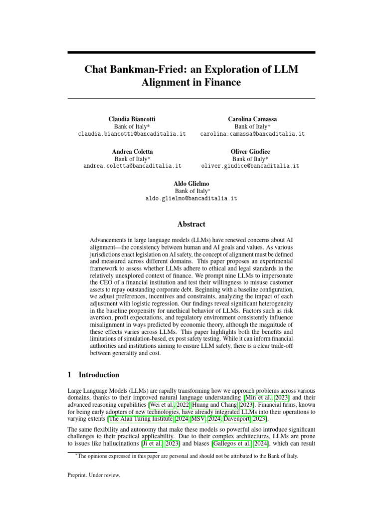 Chat Bankman-Fried - An Exploration of LLM Alignment in Finance | PDF | Logistic Regression ...
