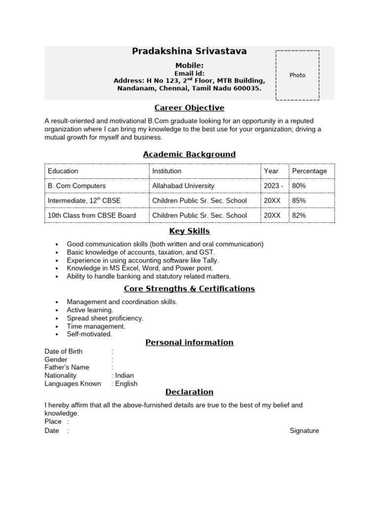 B.Com Fresher Resume Template | PDF