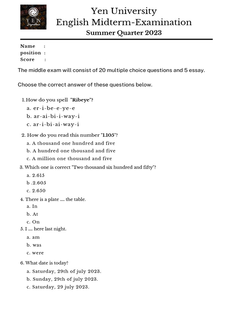 Yen University English Mid-Exam | PDF | Linguistic Morphology | Linguistics