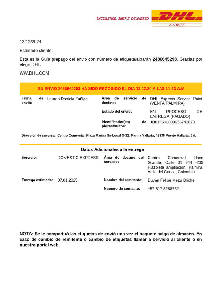 Guía de Envío DHL Express 2486645293 | PDF