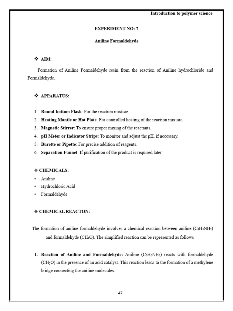 Aniline Formaldehyde Polymer Final | PDF | Amine | Chemical Reactions