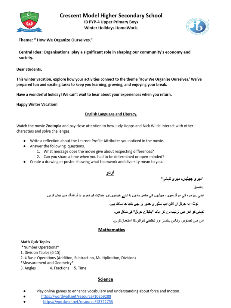 Winter Homework for PYP-4 Boys | PDF | Cognition | Learning