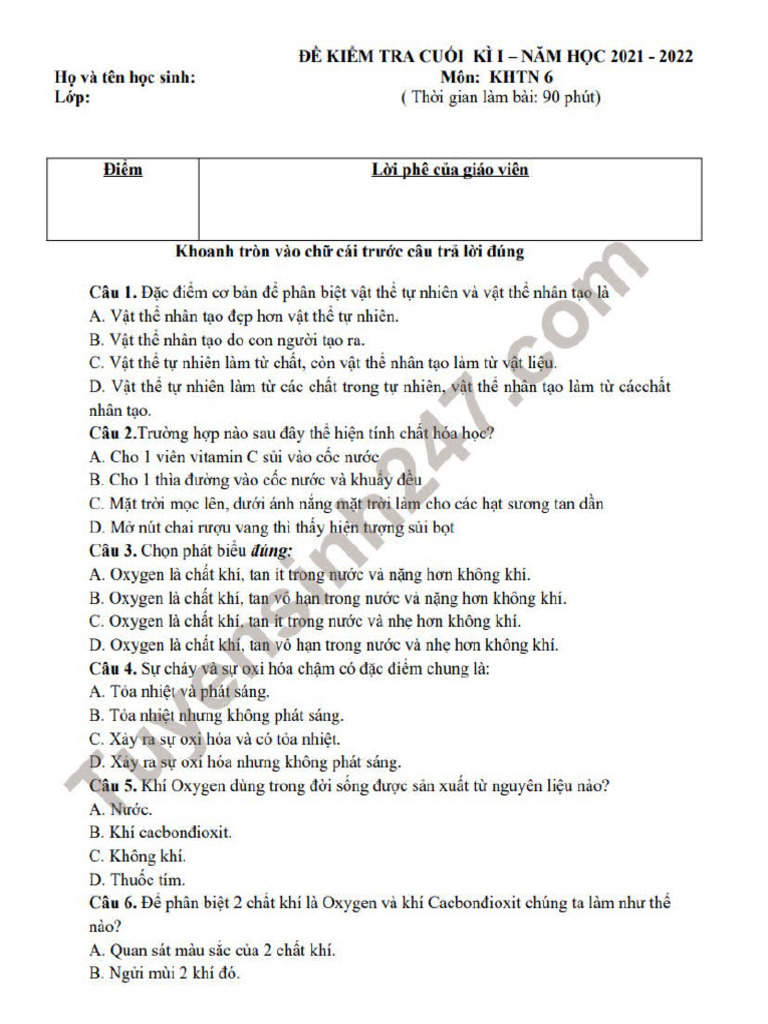 De Thi HK1 KHTN 6 - 1 | PDF