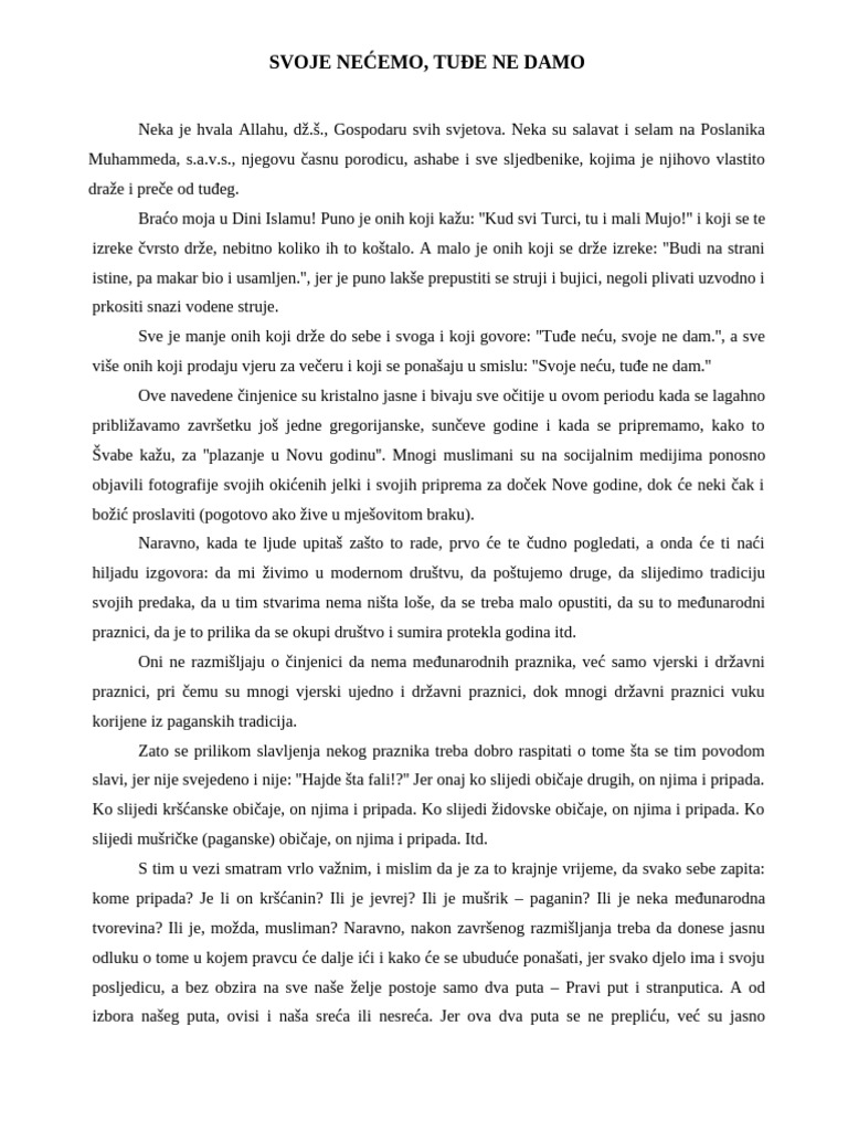 Svoje Nećemo, Tuđe Ne Damo | PDF
