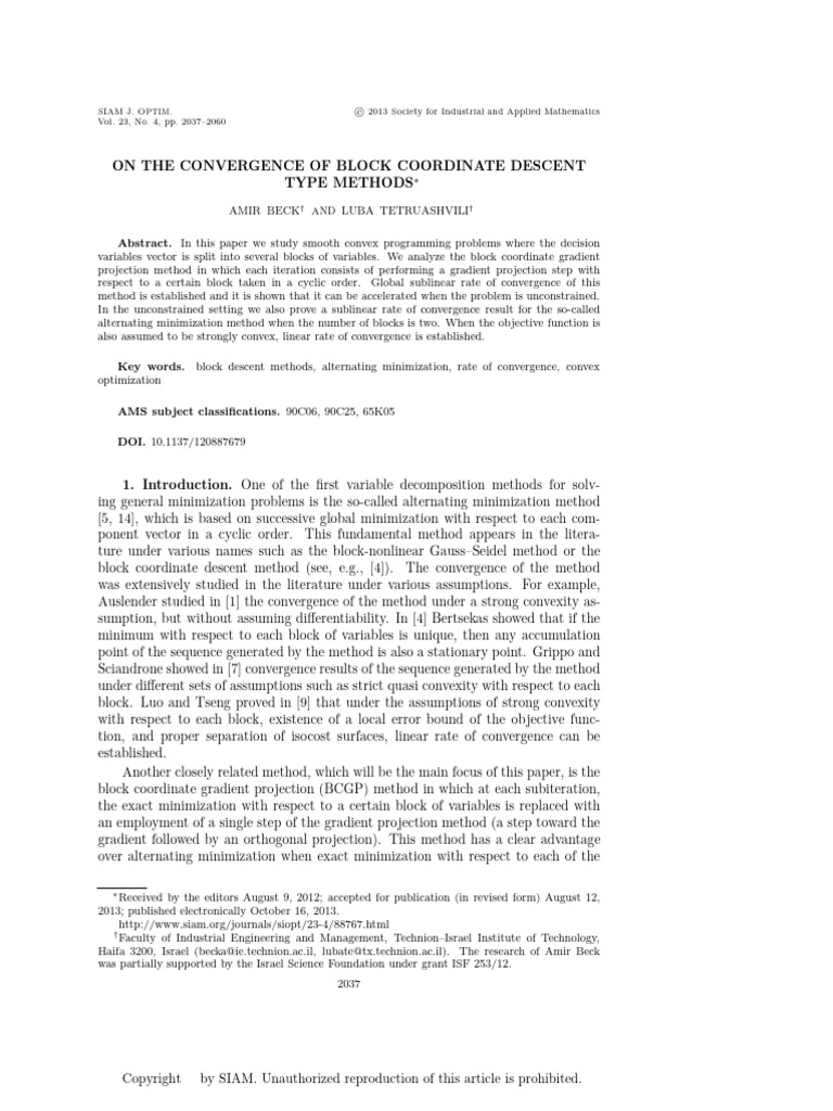 On The Convergence of Block Coordinate Descent Type Methods | PDF | Mathematical Optimization ...