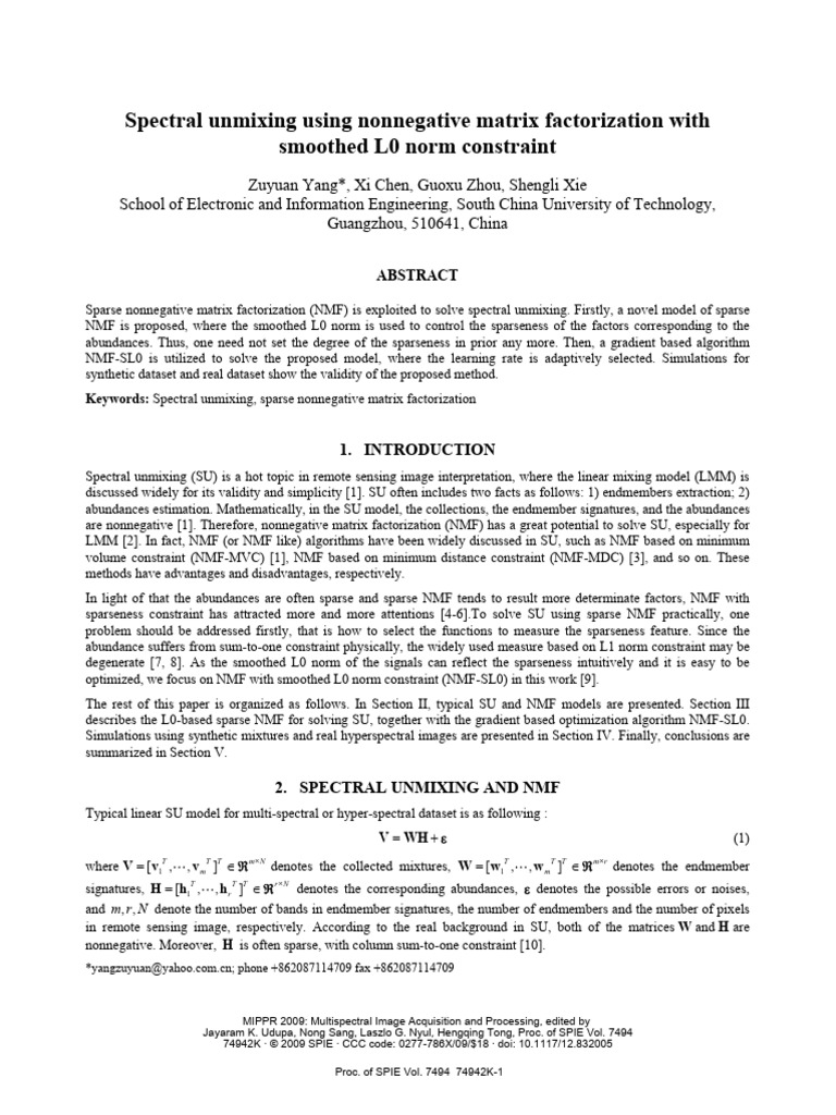 Spectral Unmixing Using Nonnegative Matrix Factorization With Smoothed L0 Norm Constraint | PDF ...