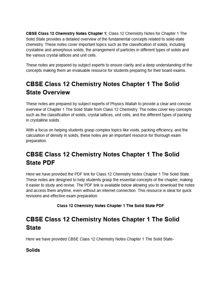 Class 12 Chemistry: Solid State Notes | PDF | Crystal Structure | Ion