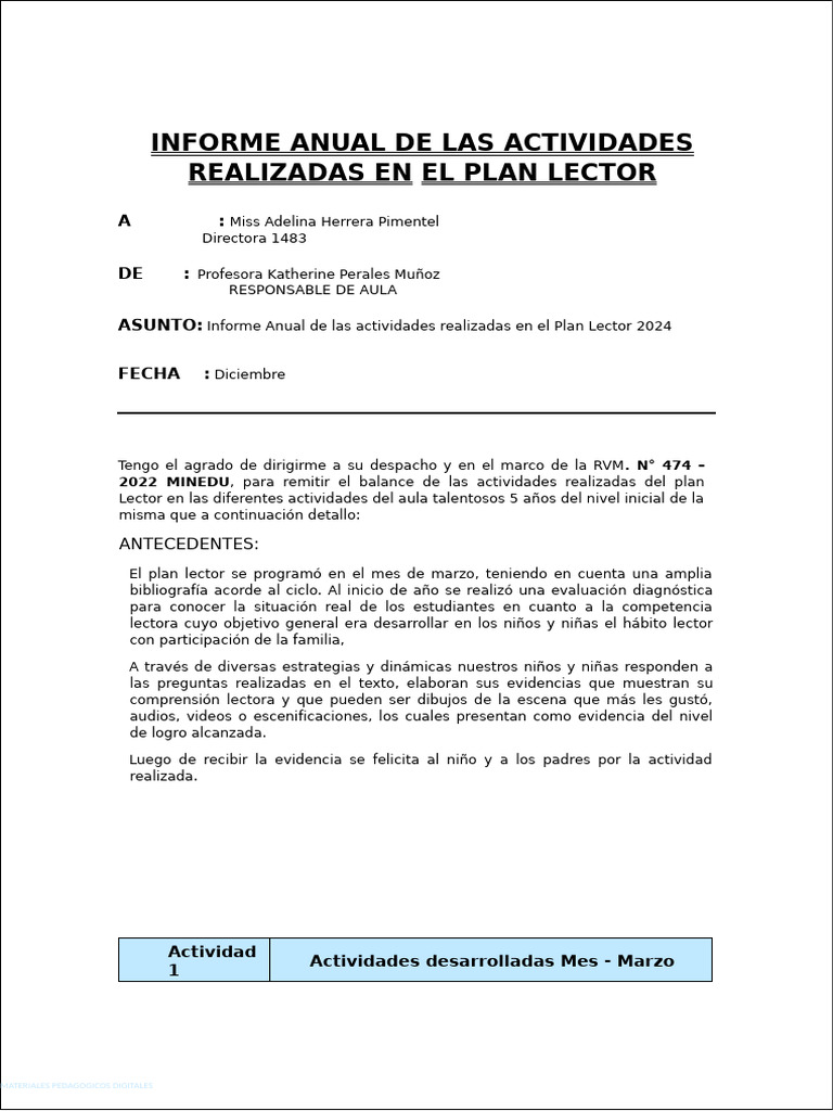 INFORME FINAL DE PLAN LECTOR - 2024 | PDF | Educación de la primera infancia
