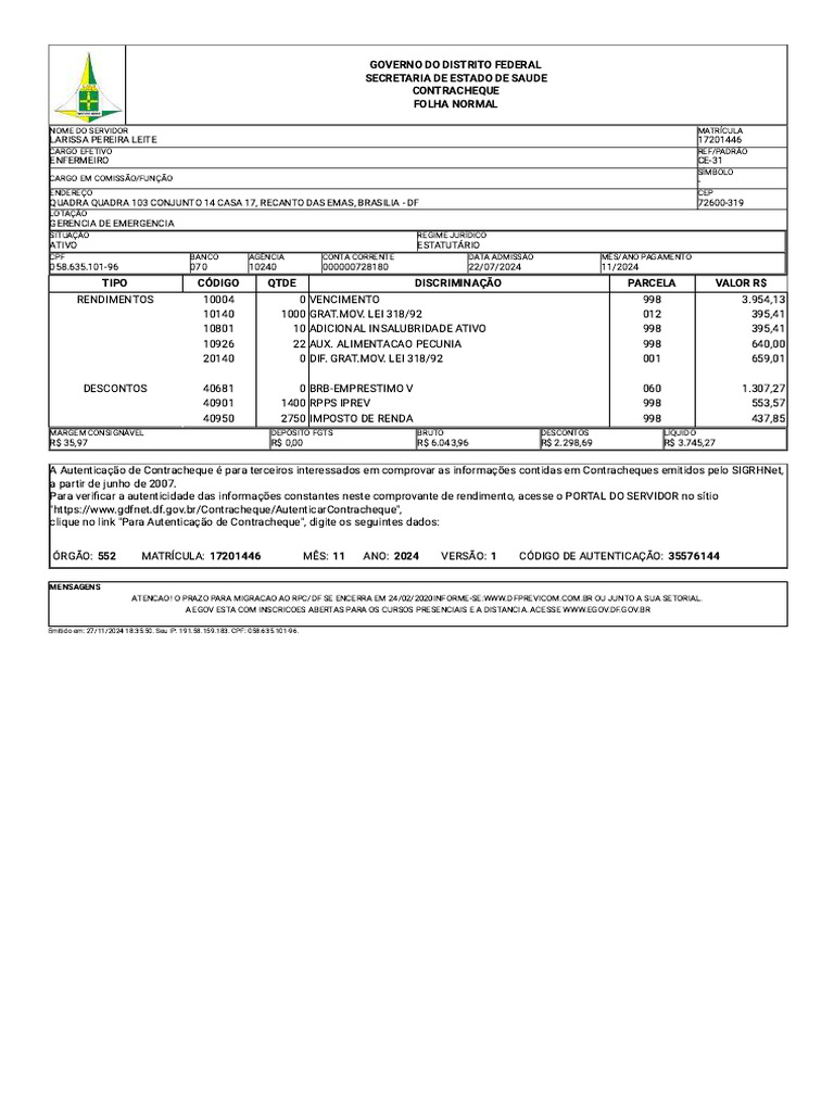 Governo Do Distrito Federal - Contracheque | PDF