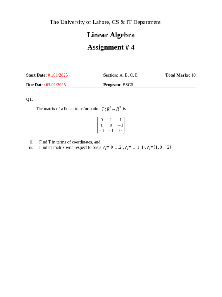 6.2 Assignment#04 Linear Algebra A-F2024 | PDF