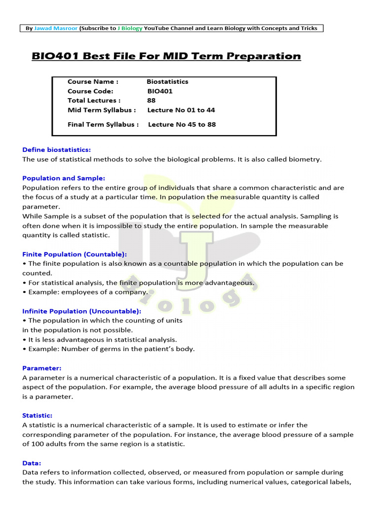 BIO401 Best File For Mid Term by Jawad Masroor (J Biology) | PDF | Sampling (Statistics ...