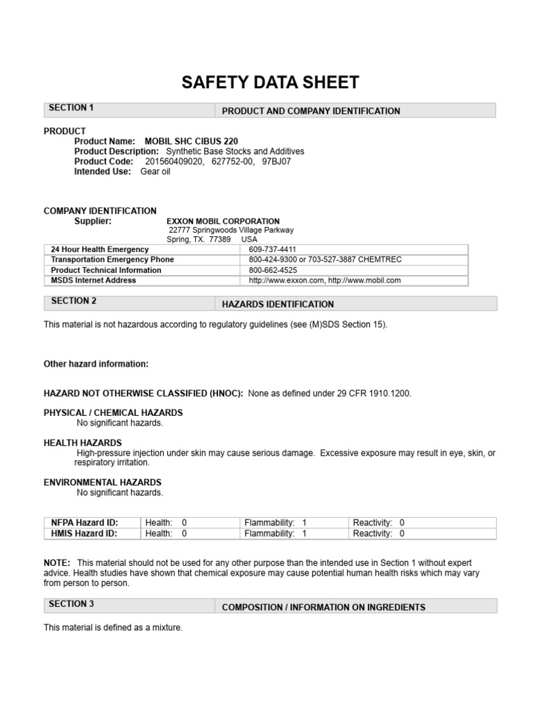 Mobil SHC Cibus 220 Safety Data | PDF | Waste Management | Toxicity