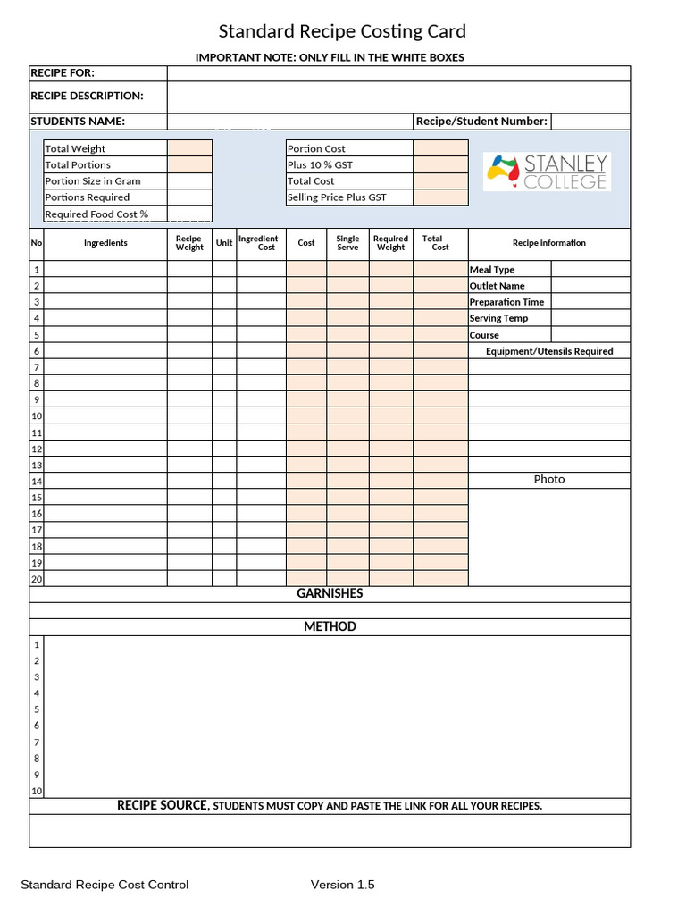 Standard Recipe and Costing Card Practice | PDF | Western Cuisine ...