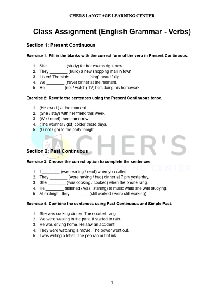 Class Assignment (English Grammar - Verbs) | PDF | Perfect (Grammar ...