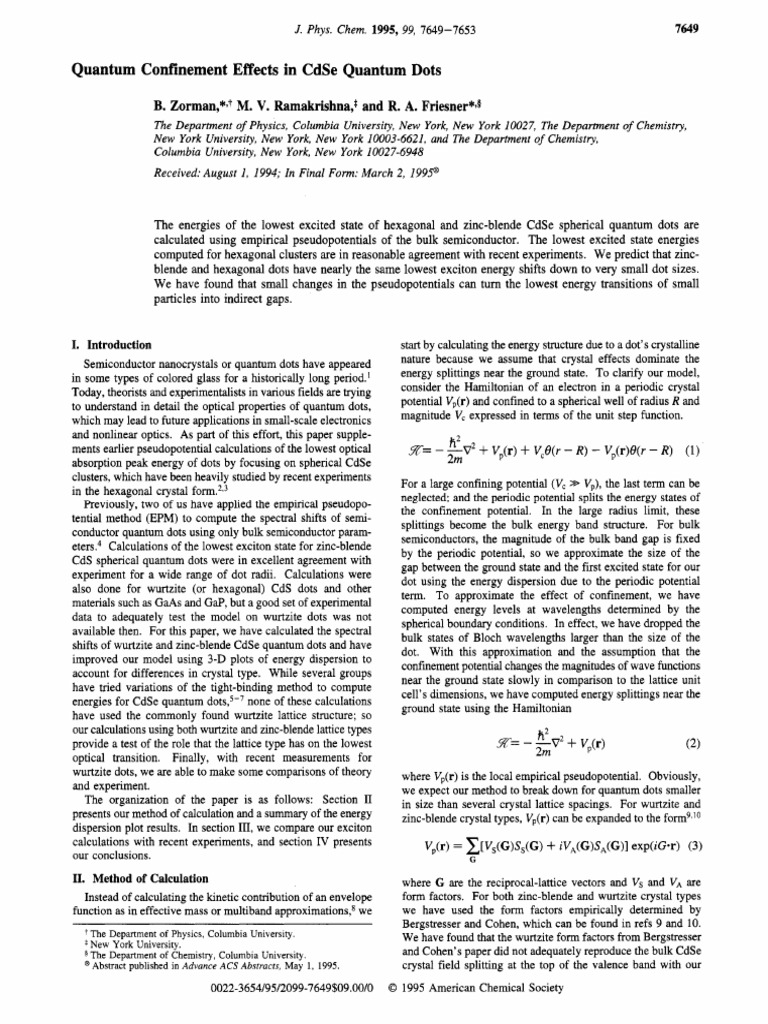 Zorman Et Al 2002 Quantum Confinement Effects in Cdse Quantum Dots | PDF | Quantum Mechanics ...