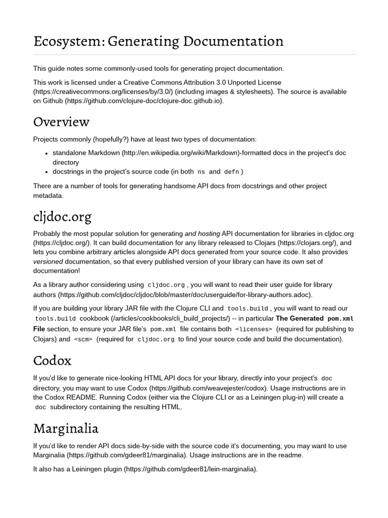 Clojure Guides - Ecosystem - Generating Documentation | PDF | Clojure | Software