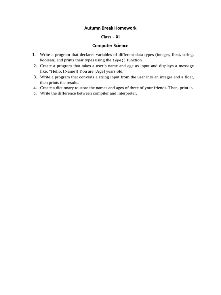CS - Autumn Break Homework 2024 | PDF