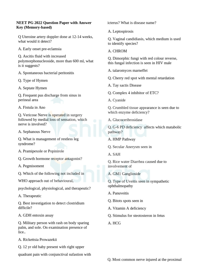 Neet PG Previous Year QP | PDF | Anemia | Pancreas